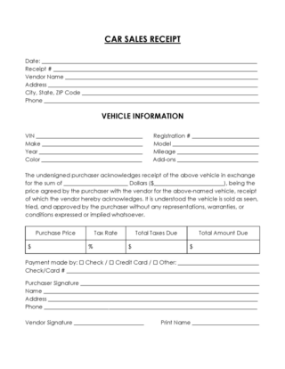 Free Printable Car Sale Receipt Templates - Word | PDF