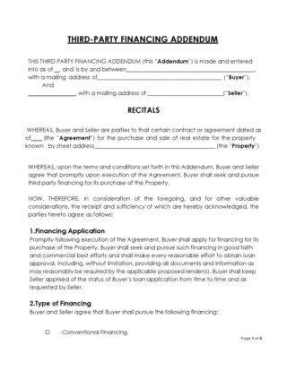 Free Third Party Financing Addendum (PDF, Word)