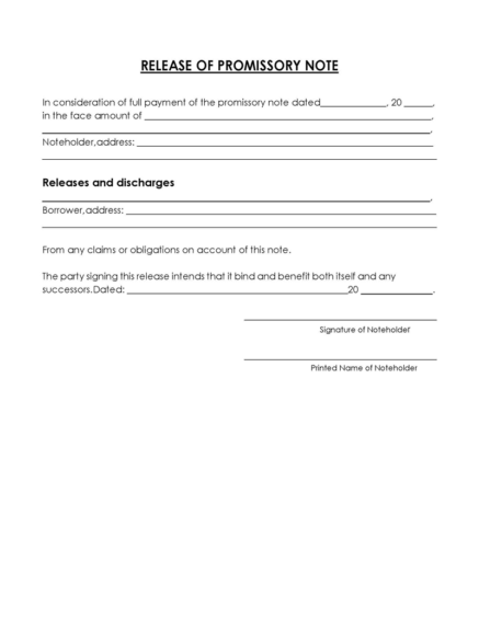 Free Promissory Note (Satisfaction) Release Form - Editable