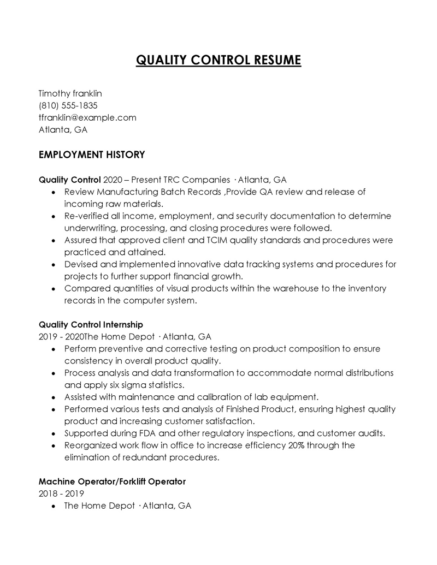 24 Quality Control Resume Examples (Free Templates)