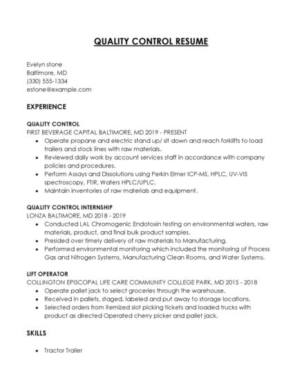 24 Quality Control Resume Examples (Free Templates)