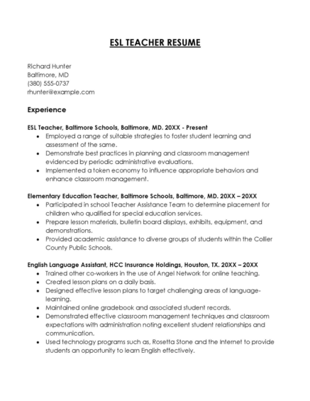 22 ESL Teacher Resume Examples - Objective, Skills, Tips