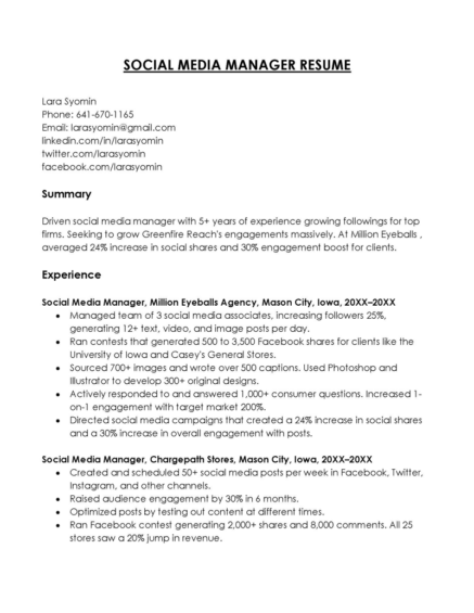 Social Media Manager Resume Examples (12 Free Templates)