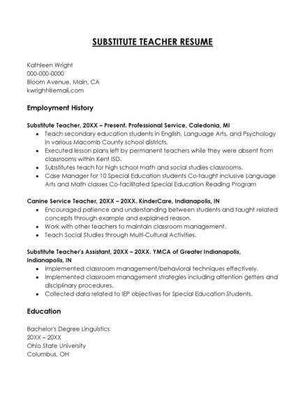22 Substitute Teacher Resume Examples and Writing Tips
