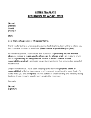 15 Return to Work Letters - Samples, Templates