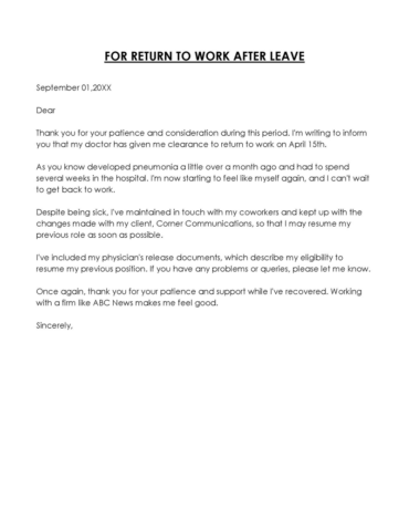 15 Return to Work Letters - Samples, Templates