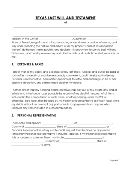Free Texas Last Will and Testament Forms | Word - PDF