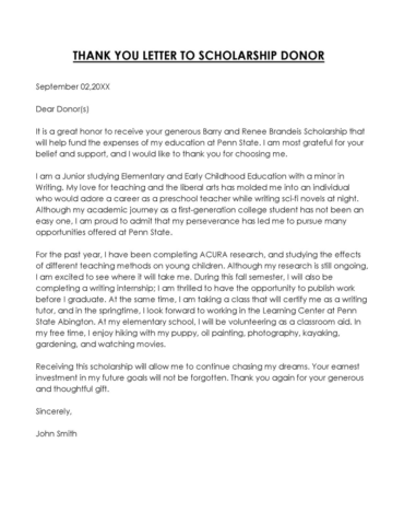 Sample Thank You Letters To Scholarship Donor