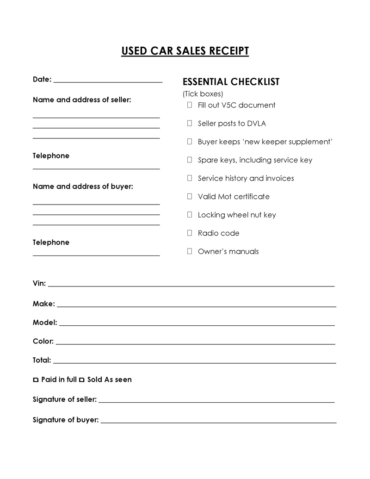 Free Printable Car Sale Receipt Templates - Word | PDF