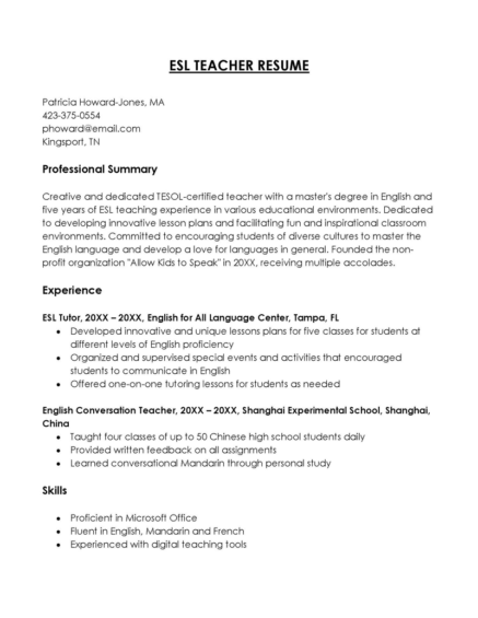 22 ESL Teacher Resume Examples - Objective, Skills, Tips