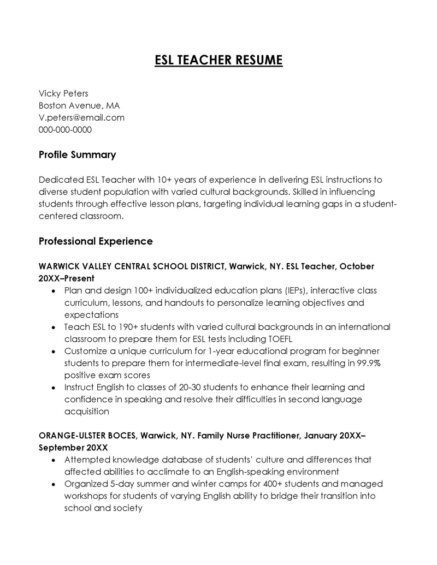 22 ESL Teacher Resume Examples - Objective, Skills, Tips