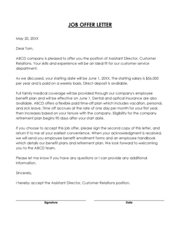 Formal Job Offer Letter Examples - Free Templates
