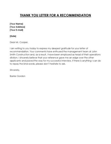 Thank You Letter for Recommendation (12 Best Samples)