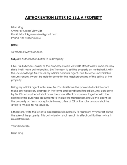 Authorization Letter to Sell Property (Sample Letters)
