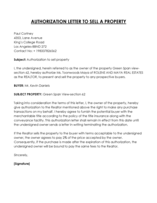 Authorization Letter to Sell Property (Sample Letters)