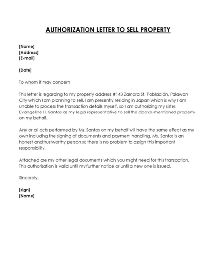 Authorization Letter to Sell Property (Sample Letters)