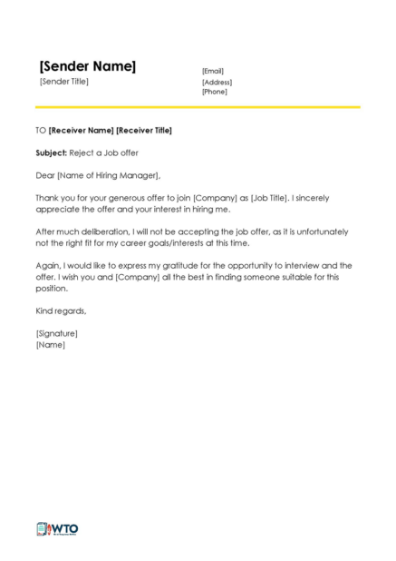Formal Rejection Letter to Decline Job Offer (Samples)