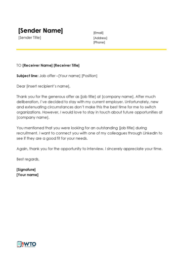 Formal Rejection Letter to Decline Job Offer (Samples)