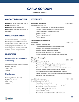 12 Free Bookkeeper Resume Templates - Examples