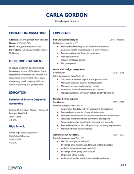 12 Free Bookkeeper Resume Templates - Examples