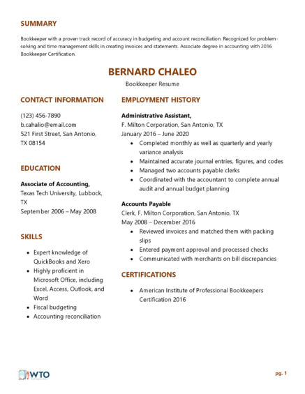 12 Free Bookkeeper Resume Templates - Examples