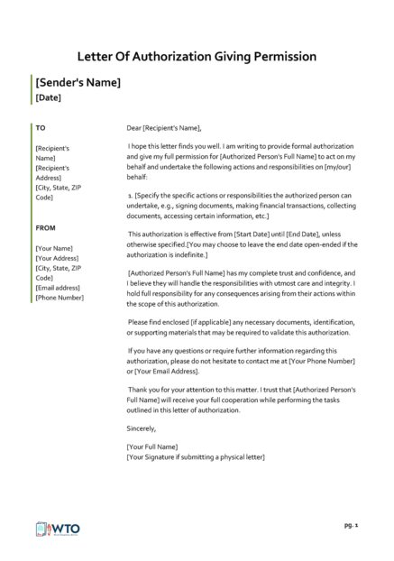 Free Letter of Authorizations Giving Permission