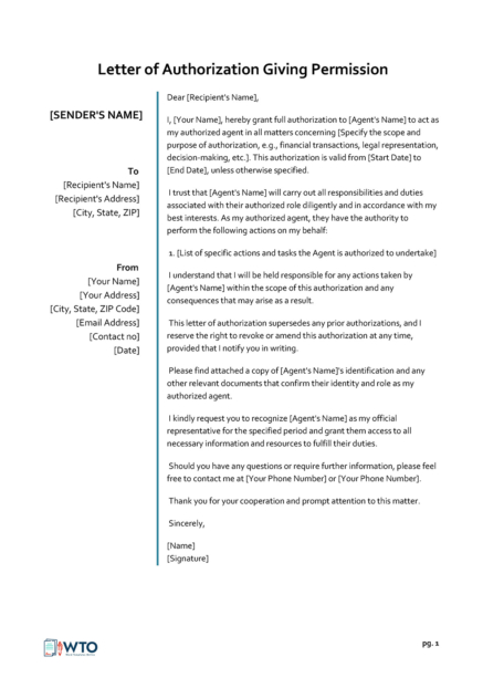 Free Letter of Authorizations Giving Permission