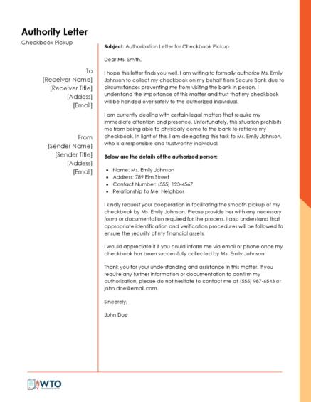 Authorization Letter for Checkbook Pickup (Samples)