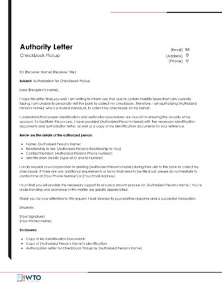 Authorization Letter for Checkbook Pickup (Samples)