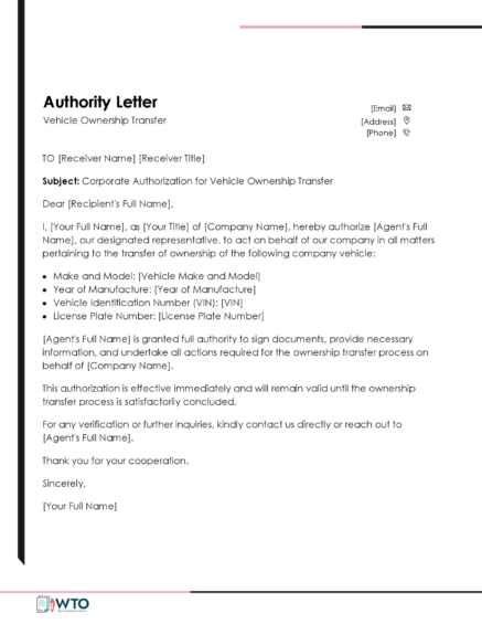 Sample Authorization Letter to Transfer Ownership of Vehicle