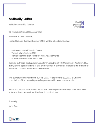 Sample Authorization Letter to Transfer Ownership of Vehicle