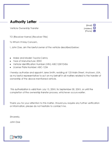 Sample Authorization Letter to Transfer Ownership of Vehicle