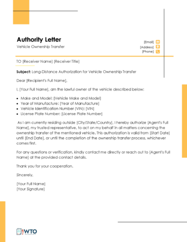 Sample Authorization Letter to Transfer Ownership of Vehicle
