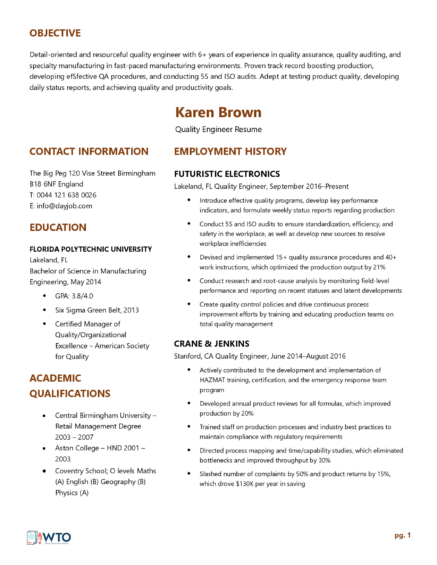 Quality Engineer Resume Examples (Free Templates)