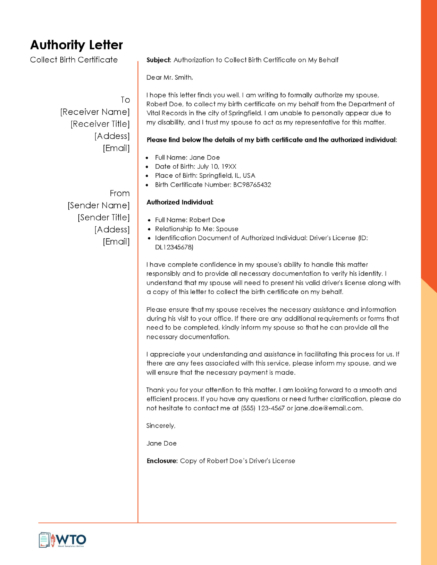 Sample Authorization Letter for Claiming Birth Certificate