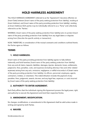 Free Hold Harmless Agreement Templates