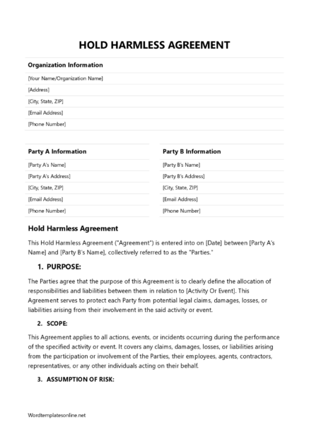 Free Hold Harmless Agreement Templates