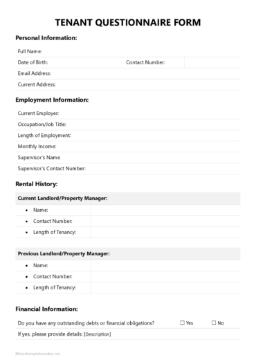 Free Tenant Questionnaire Forms