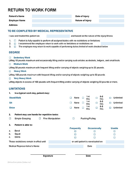 Free Return to Work Release Forms [Word - Google Docs]
