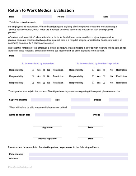 Free Return to Work Release Forms [Word - Google Docs]