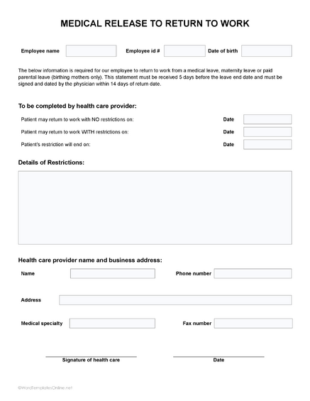 Free Return to Work Release Forms [Word - Google Docs]