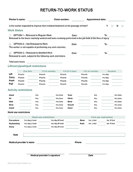 Free Return to Work Release Forms [Word - Google Docs]