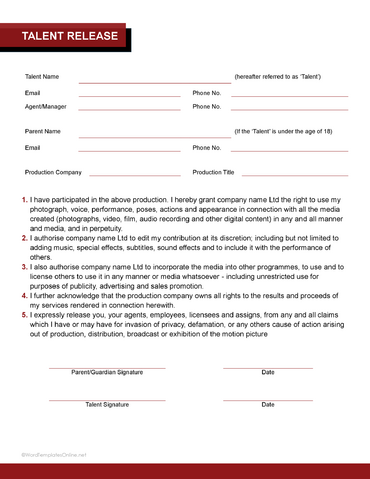 6 Free Talent Release Form Templates | Word - Google Docs