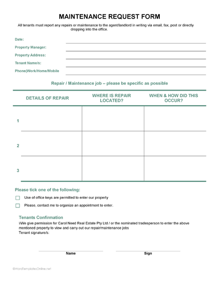 Free Maintenance Request Forms to Handle Repairs