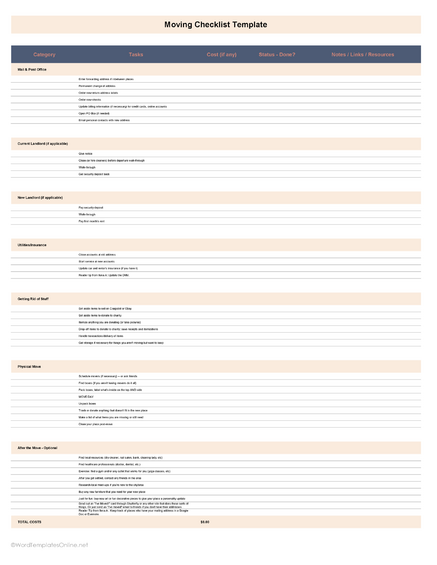 Printable Moving Checklist Templates - Word & Excel
