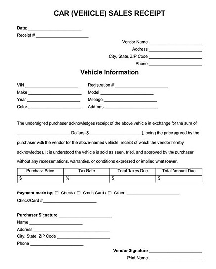 Free Printable Car Sale Receipt Templates - Word | PDF