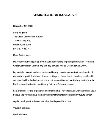 Church Resignation Letter Samples (Religious Group)