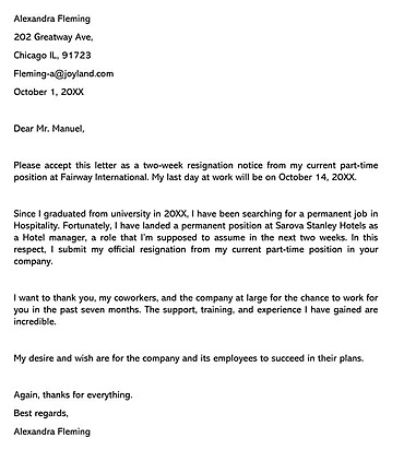 Short Notice Resignation Letter Examples (24 Hours Notice)