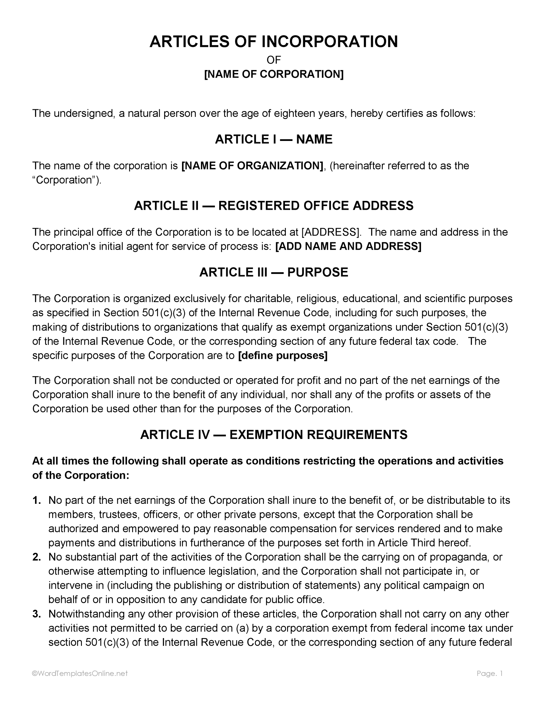 Free Article of Incorporation Templates (Word - Google Docs)