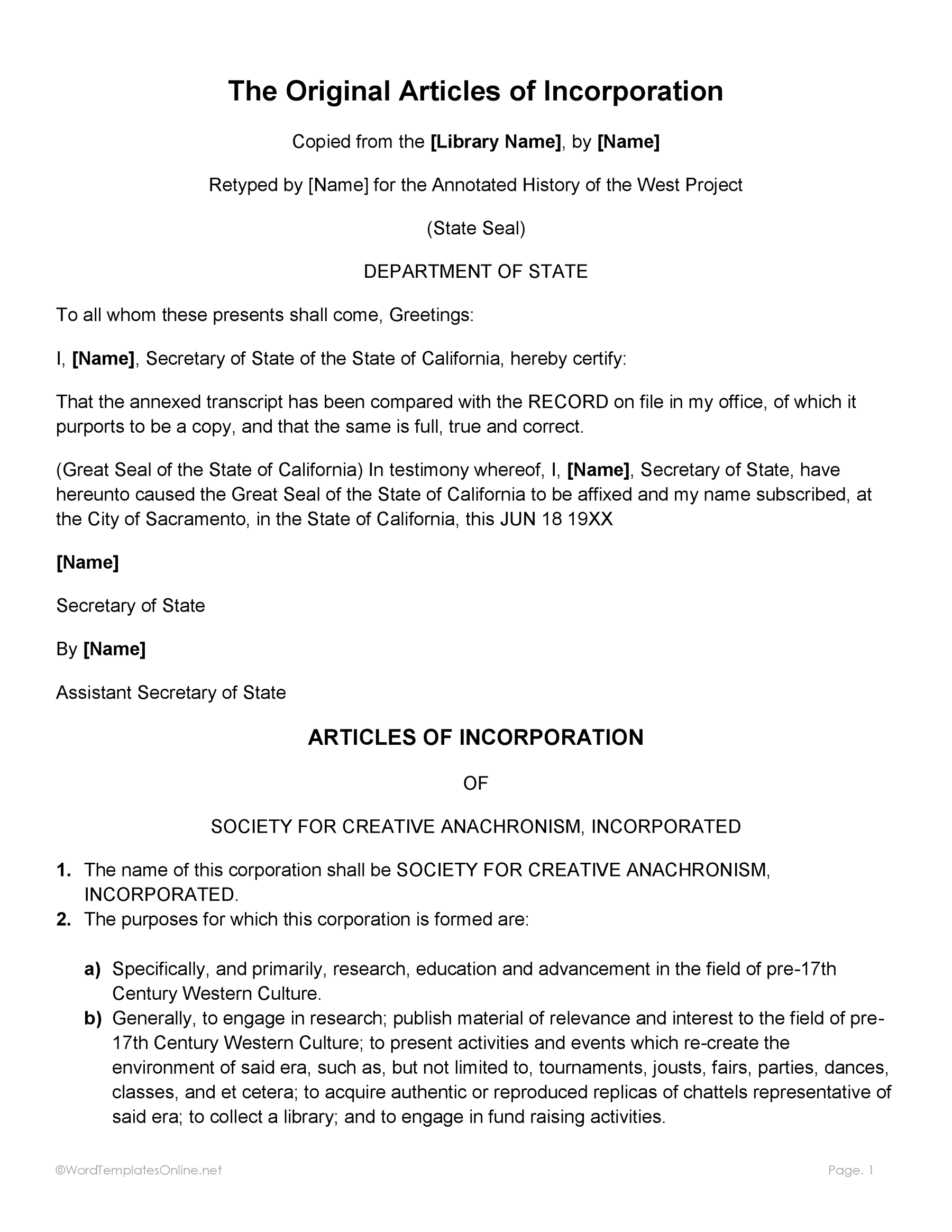 Free Article of Incorporation Templates (Word - Google Docs)